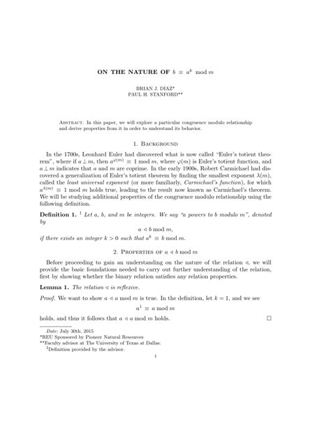 PDF On The Nature Of A Particular Congruence Modulo Relationship