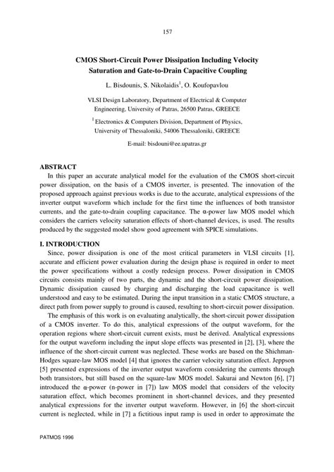 Pdf Cmos Short Circuit Power Dissipation Including Velocity