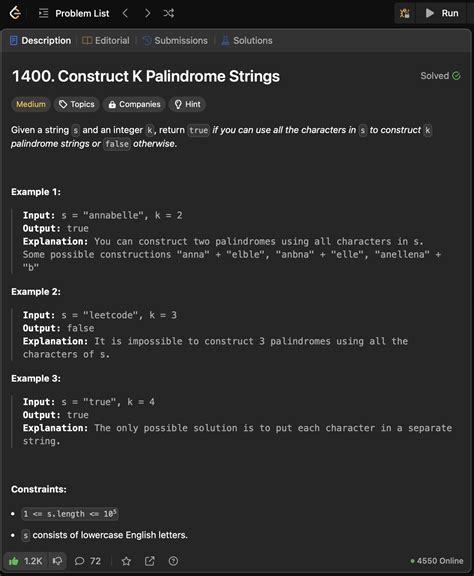 11 01 2025 1400 Construct K Palindrome Strings Leetcode Challenge