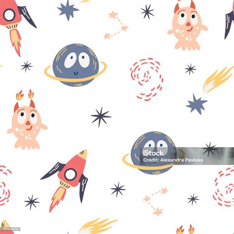 공간 이음새가 없는 패턴 만화 우주 로켓 몬서 행성 별이있는 배경 우주 어린이 디자인 벽지 섬유 및 인쇄에 적합합니다 벡터 손