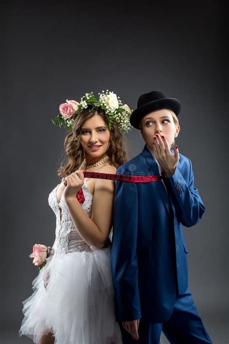 Same Sex Marriage Shot Of Elegant Bride And Groom Stock Image Image Of Caucasian Studio