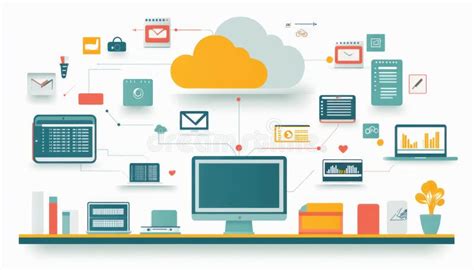 Cloud Computing Connecting Devices And Data On Modern Workplace Desk Stock Illustration