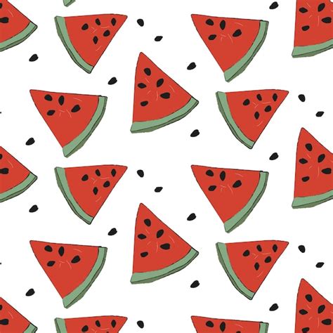 흰색 배경 벡터 일러스트 레이 션에 수박 조각의 Handdrawn 원활한 패턴 프리미엄 벡터