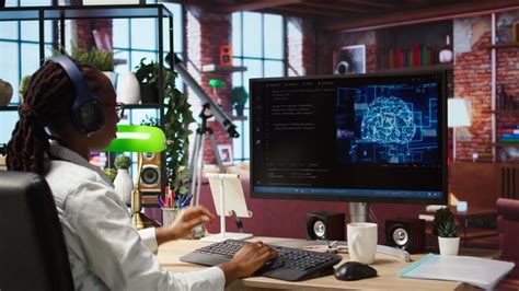 software developer wearing headphones using computer at home for