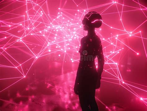 Solitary Figure Exploring The Luminous Realms Of Advanced Digital Algorithms Stock Illustration