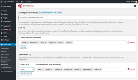 search term highlighting new synonym dashboard introduced in