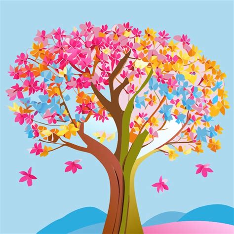 A Colorful Tree With Butterflies And A Bird Flying In The Sky Premium Ai Generated Vector