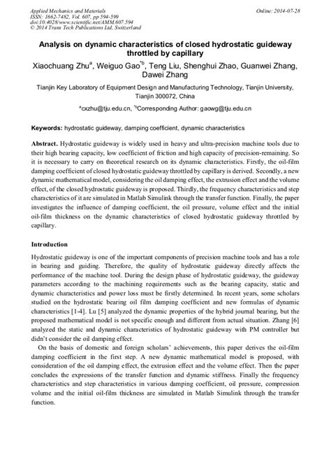 Analysis On Dynamic Characteristics Of Closed Hydrostatic Guideway Throttled By Capillary