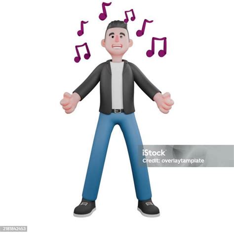 3d 음악 캐릭터 모델 음악가는 두 팔을 벌리고 쾌활한 표정으로 음표 기호에 둘러싸여 서 있습니다 애니메이션 가수 3차원 형태에 대한 스톡 사진 및 기타 이미지 Istock