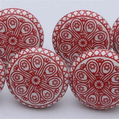 Red And White Flat Ceramic Knobs Kitchen Cabinet Drawer Knobs Etsy