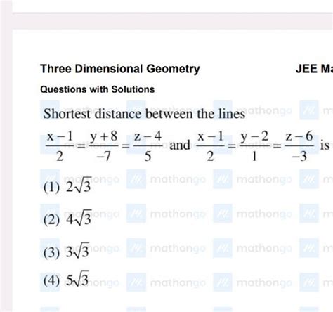 Three Dimensional Geometry Questions With Solutions Shortest Distance Bet