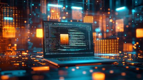 exploring digital innovation with glowing code and data visualization at a modern tech workspace