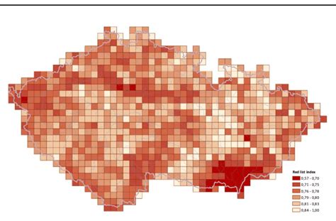 red list index rli mapped across the czech republic on a grid of 10
