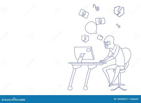 Man Mask Sitting Computer Hacker Activity Concept Viruses Data Privacy Attack Internet