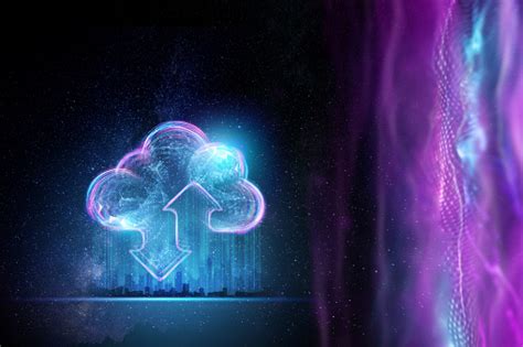 크리에이 티브 배경 에너지 파 보라색 배경의 배경에 구름의 홀로그램 이미지 클라우드 기술 클라우드 스토리지 네트워크의 새로운 세대의 개념 혼합 미디어입니다 0명에 대한 스톡