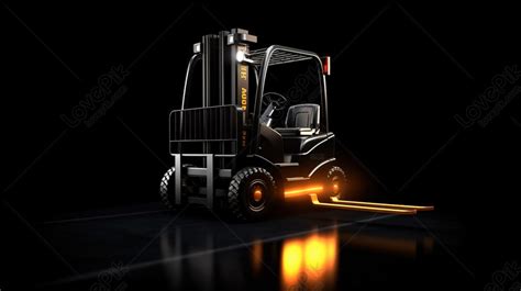 생생한 3d 렌더링 검정색 배경에 체적 조명으로 빛나는 지게차 화물 운송 배경 나는 배경 빛나는 배경 이미지 Hd 화물 운송 나는 빛나는 배경 사진 무료