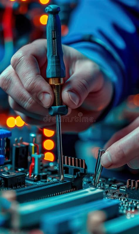 Technician With Tester Repair Or Check Computer Motherboard Or Digital Technician With Tester Repair Or Check Computer Motherboard Or Digital