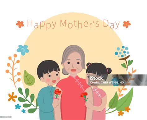 어머니의 날 만화 캐릭터 벡터 일러스트 레이 션 어머니 또는 할머니와 아들과 딸이 휴일을 축하하고 꽃으로 둘러싸인 카드 가족에 대한 스톡 벡터 아트 및 기타 이미지 Istock