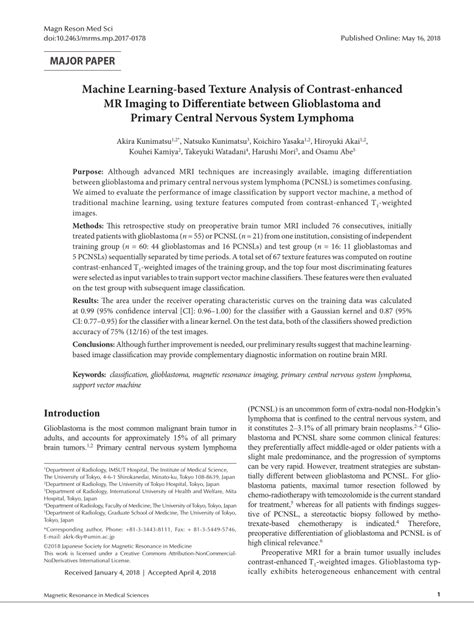Pdf Machine Learning Based Texture Analysis Of Contrast Enhanced Mr