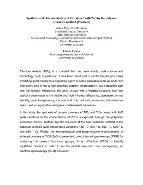synthesis and characterization of tio2 doped with zno by the