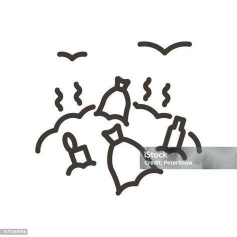 벡터 얇은 선 아이콘 개요 갈매기로 둘러싸인 쓰레기 더미 매립지의 선형 스트로크 그림 갈매기에 대한 스톡 벡터 아트 및 기타 이미지 갈매기 개념 더러운 Istock