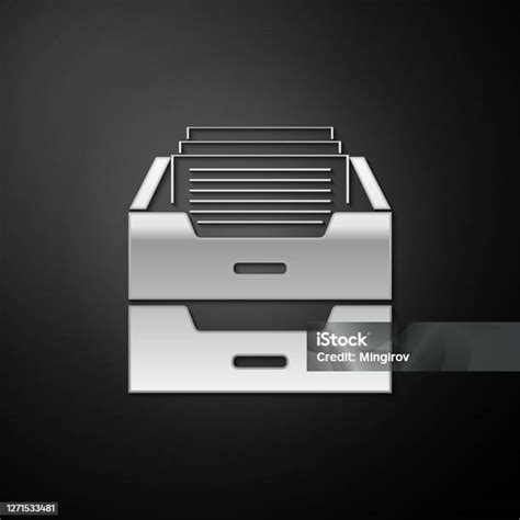 검은 색 배경에 격리 된 문서 아이콘실버 서랍 아카이브 서류 서랍 파일 캐비닛 서랍 사무용 가구 긴 그림자 스타일 벡터 가구에