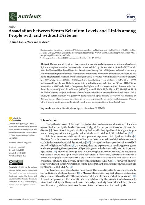 Pdf Association Between Serum Selenium Levels And Lipids Among People With And Without Diabetes