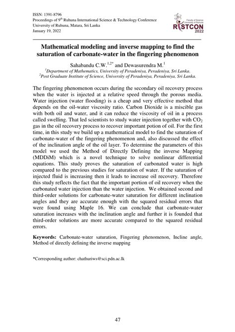 PDF Mathematical Modeling And Inverse Mapping To Find The Saturation Of Carbonate Water In The