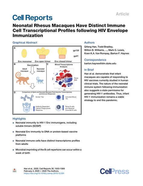 Pdf Neonatal Rhesus Macaques Have Distinct Immune Cell Transcriptional Profiles Following Hiv