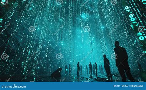 The Group People Try Searching Something In Digital Matrix Binary Code