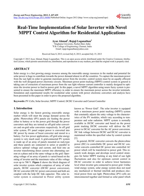 PDF Real Time Implementation Of Solar Inverter With Novel MPPT Control Algorithm For