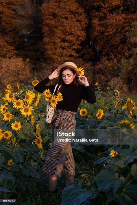 꽃고리 가방을 들고 밀짚 모자에 아름다운 사랑스러운 소녀 햇볕이 잘 드는 들판에서 자연을 즐기는 것 가을 시간입니다 행복 평온 삶의 사랑의 개념 가방에 대한 스톡 사진 및