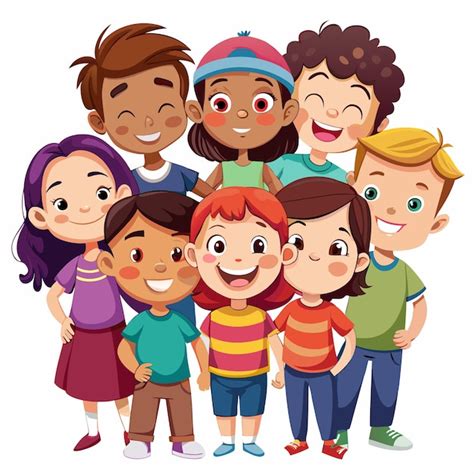 행복 한 만화 어린이 들 의 다양 한 그룹 이 함께 서서 미소 짓고 있다 프리미엄 Ai 생성 벡터