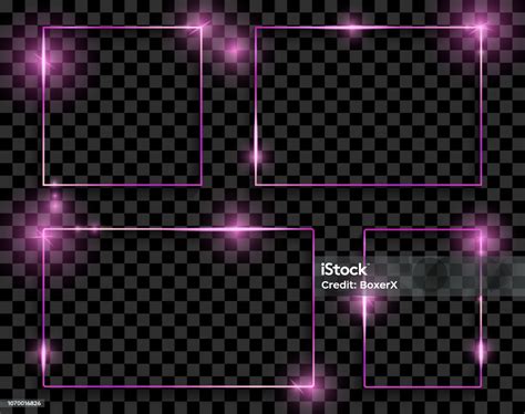 보라색 빛나는 빛나는 프레임을 투명 한 배경에 고립 된 그림자로 설정 합니다 럭셔리 현실적인 사각형 테두리의 팩입니다 벡터 일러스트 레이 션 0명에 대한 스톡 벡터 아트 및