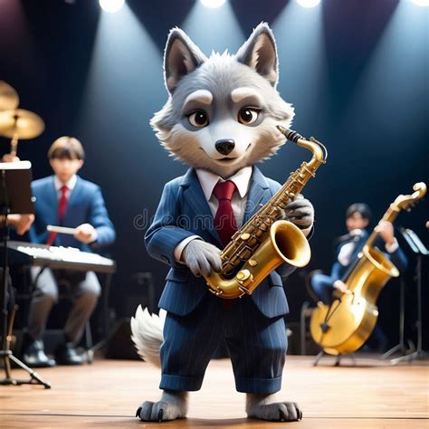 A Cool Anthropomorphic Wolf Cub Playing Saxophone Ai Generated Stock