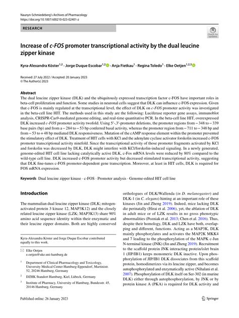 Pdf Increase Of C Fos Promoter Transcriptional Activity By The Dual Leucine Zipper Kinase