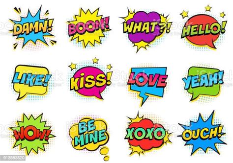 레트로 화려한 만화 연설 거품 흰색 바탕에 하프톤 그림자 설정 식 텍스트 안녕하세요 네 사랑 처럼 와우 아야 젠 장 붐 여 자가 무엇을 등 만화에 대한 스톡 벡터 아트 및