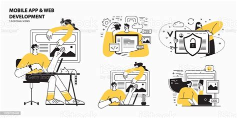 웹 개발 기관 추상 개념 벡터 일러스트레이션 세트 전면 및 후면 엔드 개발 반응형 웹 디자인 웹 사이트 인터페이스 코딩 및