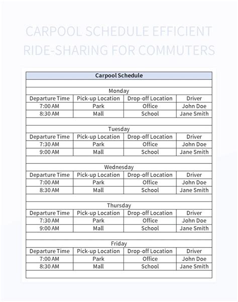 Carpool Schedule Efficient Ride Sharing For Commuters Excel Template