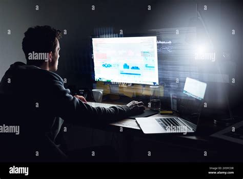 Computer Screen Hacking And Man With Programming Overlay For Firewall Password And