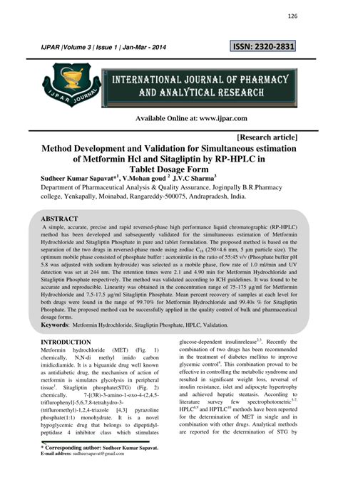 Pdf Method Development And Validation For Simultaneous Estimation Of Metformin Hcl And