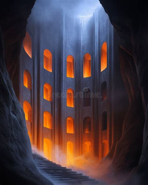 Mysterious Ancient Structure Illuminated By Fiery Glow Stock Illustration Illustration Of