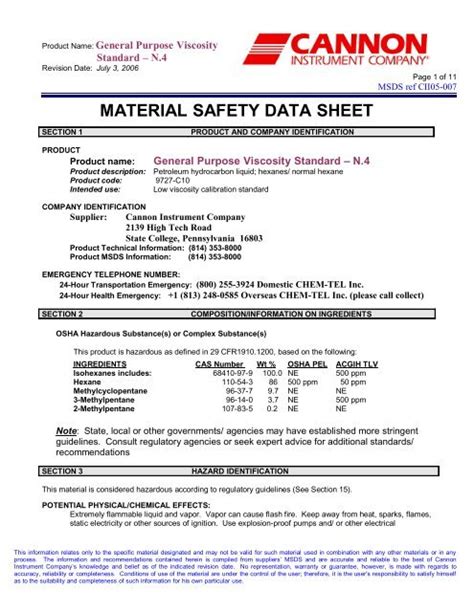 Material Safety Data Sheet Cannon Instrument Company