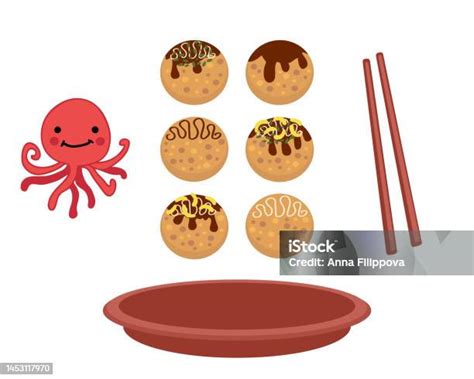 타코야키는 접시와 젓가락으로 문어 공을 튀겼습니다 티 포스터 메뉴 및 인쇄에 적합합니다 장식과 디자인을 위한 격리된 벡터 그림 Okame Mask에 대한 스톡 벡터 아트 및
