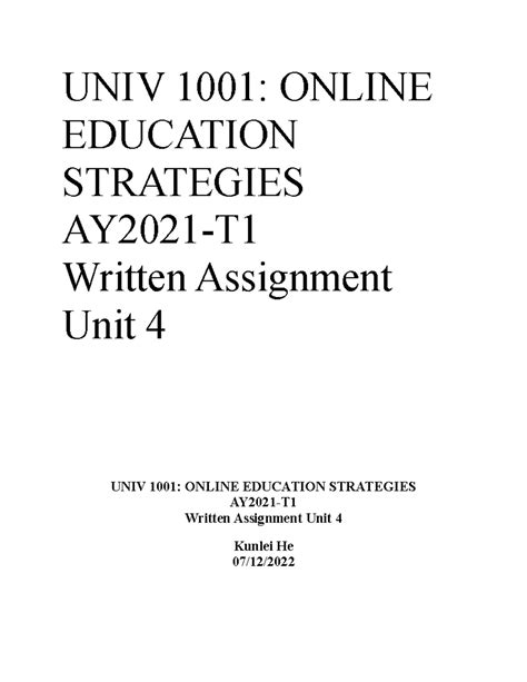 Unit 4 Written Assignment Univ 1001 Online Education Strategies Ay2021 T Written Assignment