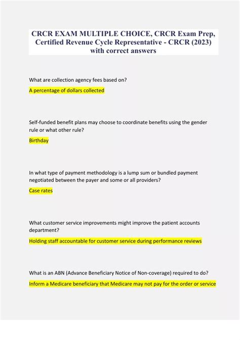 CRCR EXAM MULTIPLE CHOICE CRCR Exam Prep Certified Revenue Cycle Representative CRCR