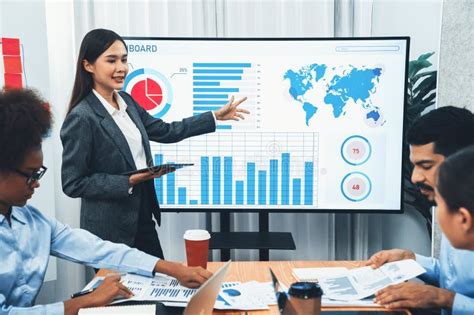 Young Asian Businesswoman Presenting Data Analysis Dashboard On Tv