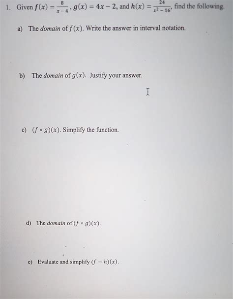 Solved 1. Given f(x)=x−48,g(x)=4x−2, and h(x)=x2−1624, find | Chegg.com