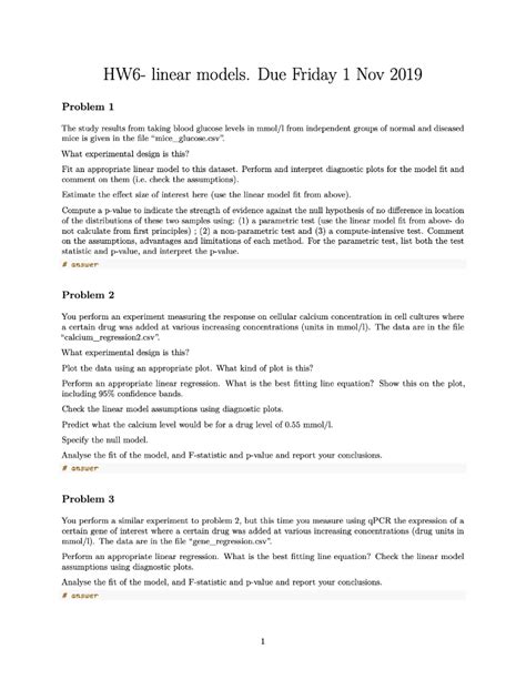 HW6 Linear Models Due Friday 1 Nov 2019 Problem 1 Chegg Com