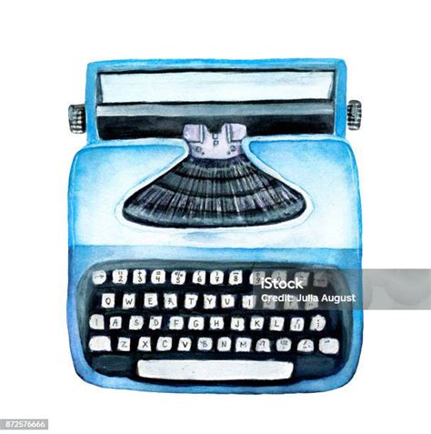 블루 클래식 빈티지 타자기 금속 기계를 쓰기입니다 편지와 함께 블랙 키입니다 최고의 볼 수 있습니다 Empty로 내부 종이 시트 없이입니다 고풍스런에 대한 스톡 벡터 아트